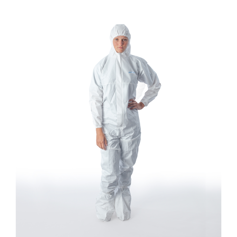 Sterile cleanroom coverall with hood and integrated boots, for chemical ...