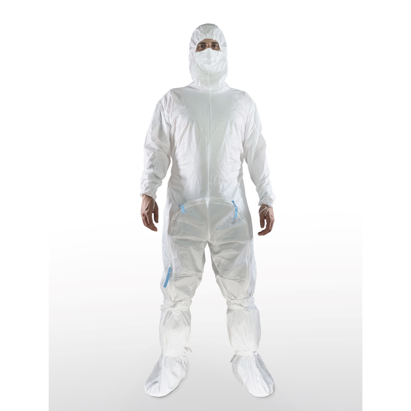 Sterile drop-down cleanroom coverall, featuring removable tabs for ...